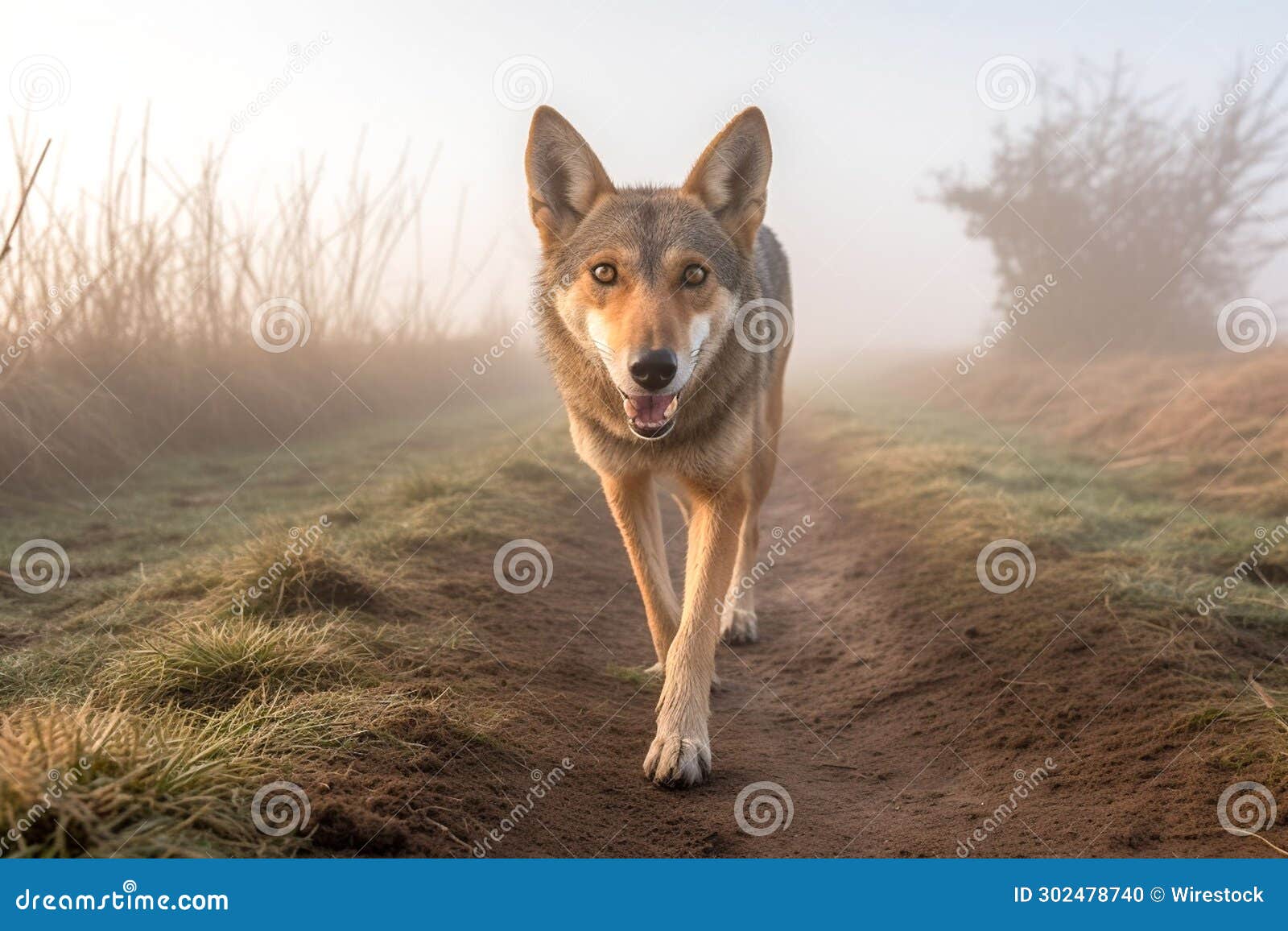 Wolf Walking Along A Misty Path Toward The Viewer. AI-generated. Stock ...