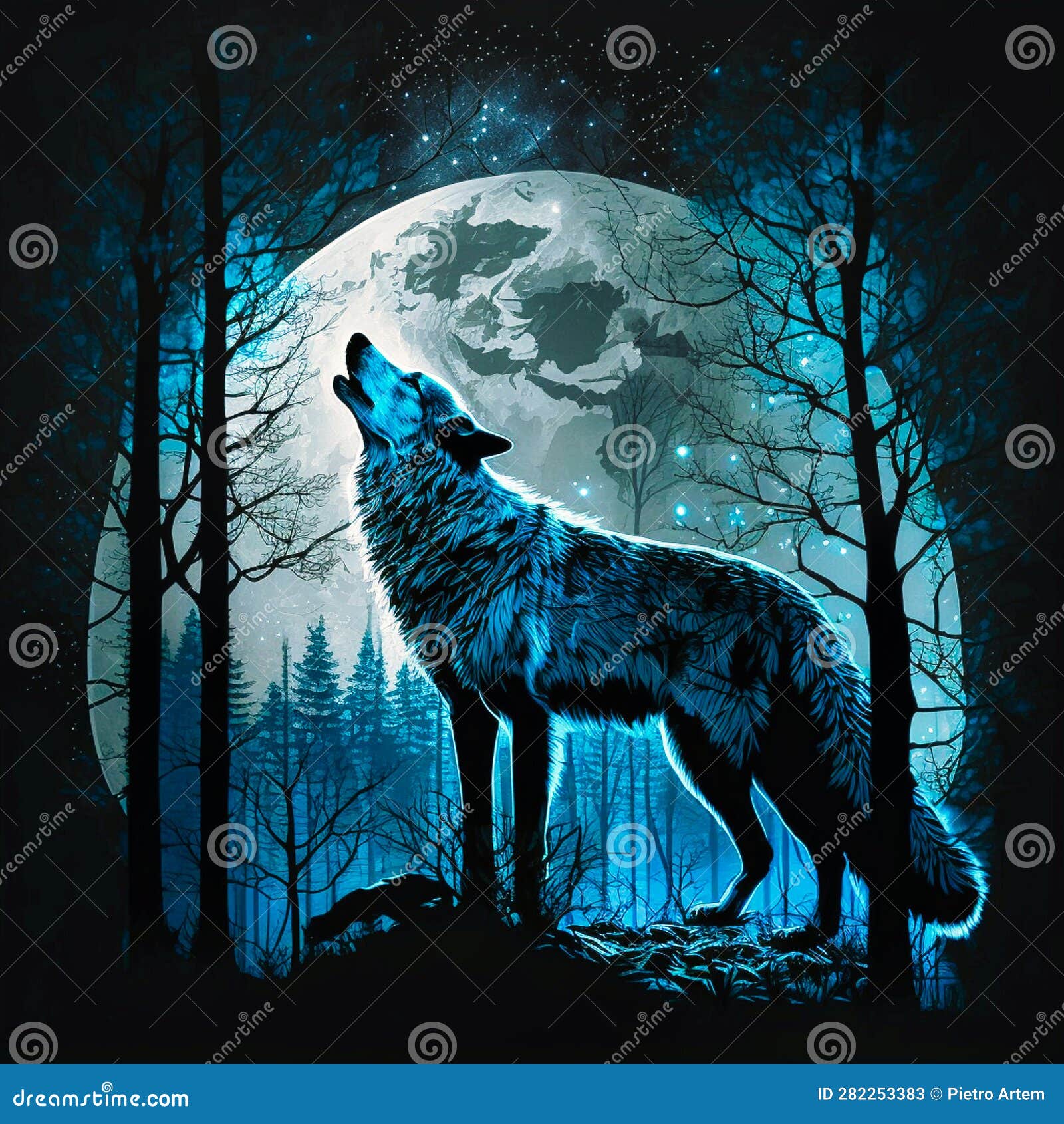 Wolf Walking in the Forest Moon Night Beautiful, Generative AI Stock ...