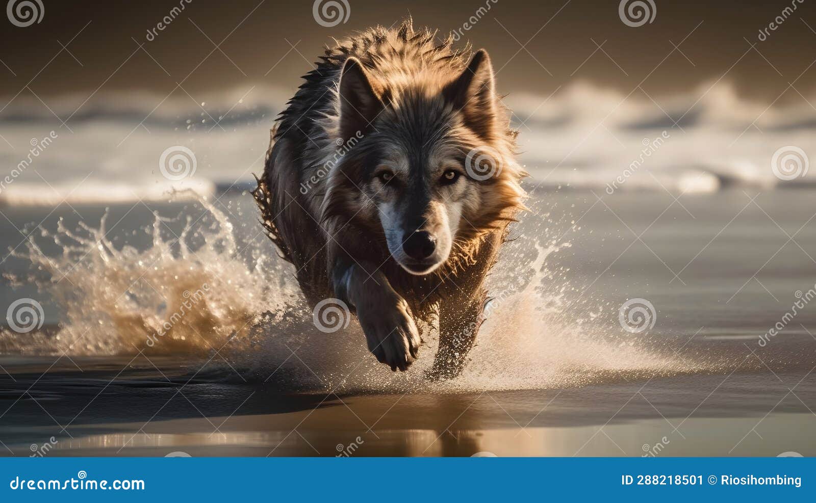 Wolf Walking in the River Side and Getting Wet. Wolf Hunting His Prey ...