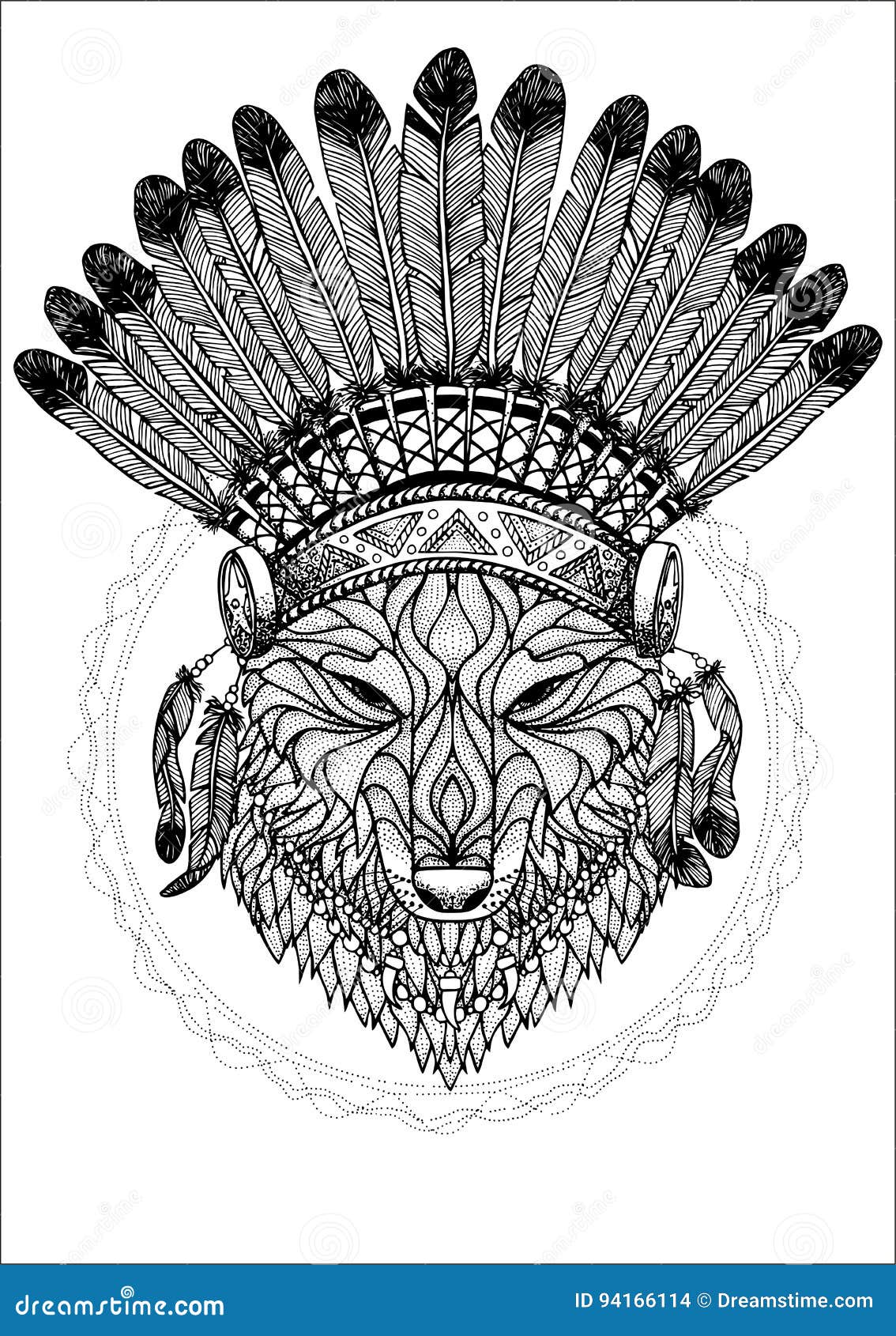 Native American Wolf Headdress Drawing