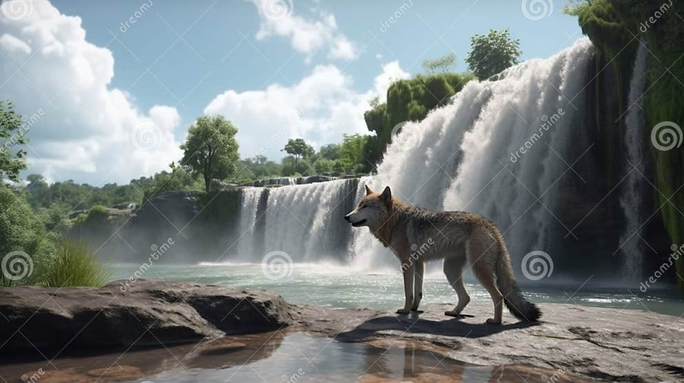 Wolf on the Waterfall. Generative AI Stock Image - Image of waterfall ...