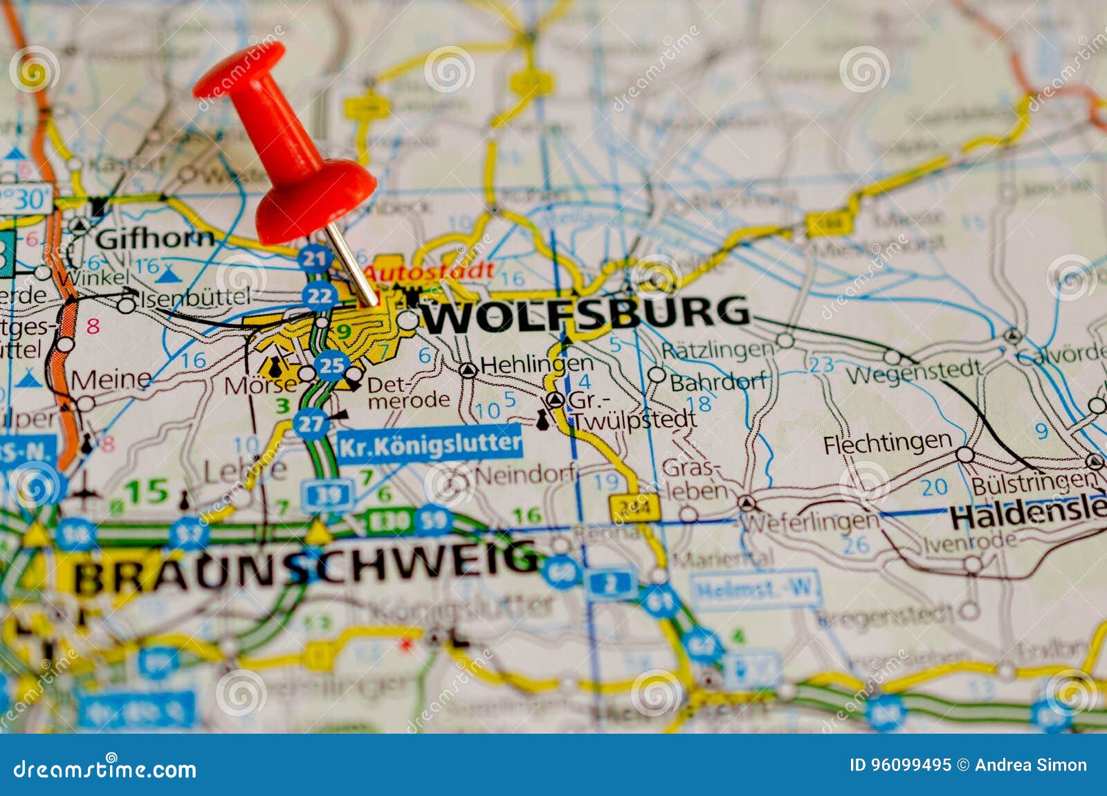 Wolfsburgo en mapa imagen de archivo. Imagen de ciudad - 96099495