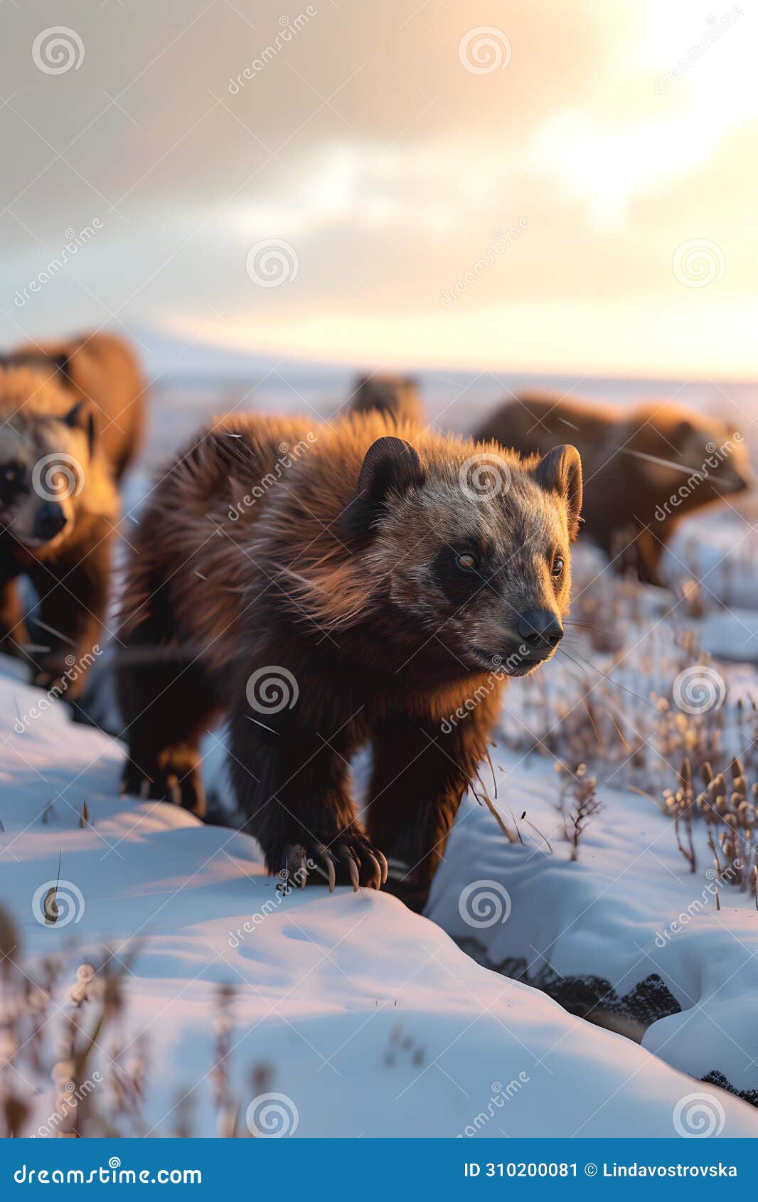 Wolverine Family Walking Towards the Camera in the Forest with Setting ...