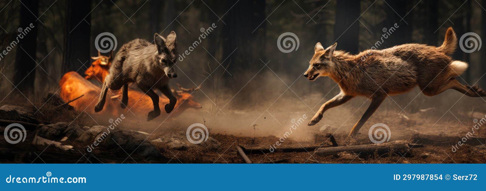 Wolves Animals Fleeing from Forest Fire Stock Photo - Image of banner ...