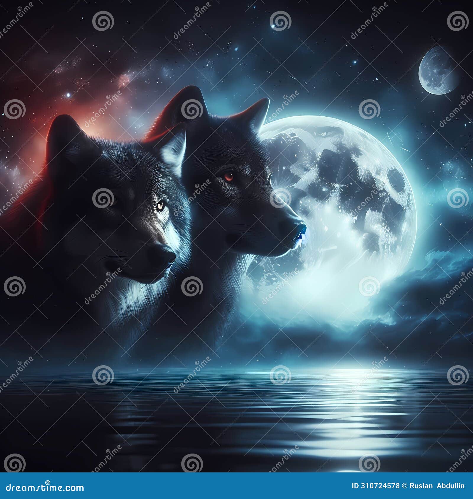 Wolves in Cosmic Moonlight Scene Stock Illustration - Illustration of ...