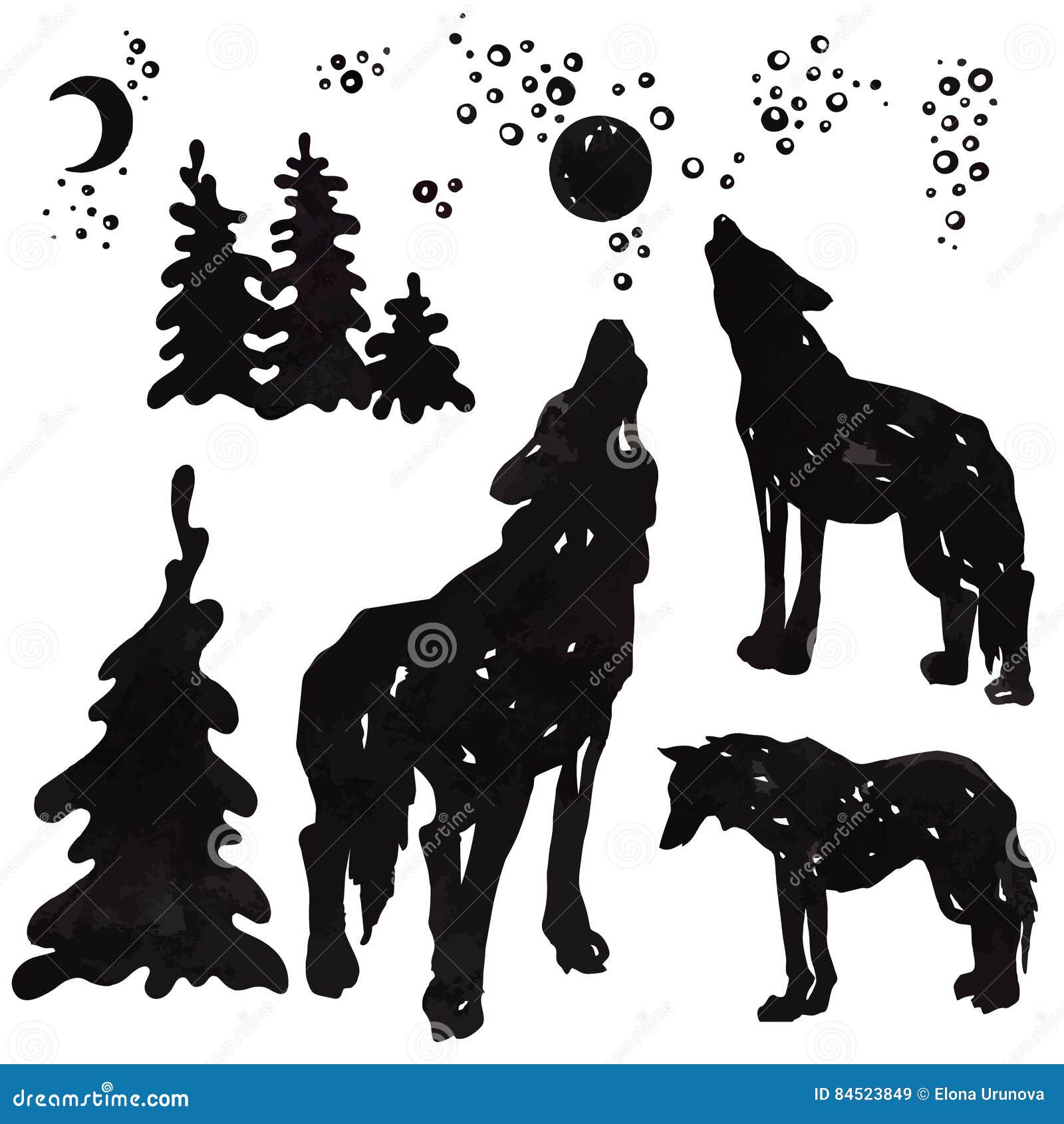 Two Wolves Howling At The Moon Series Of Animals With Vintage ...