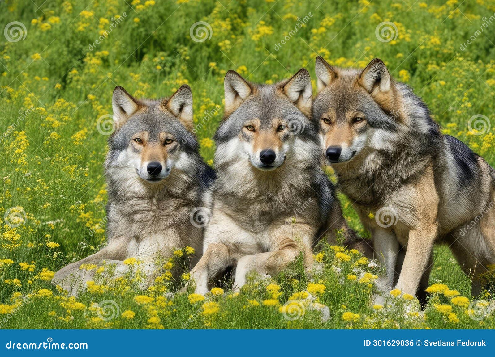 Wolves in a Meadow with Flowers. Stock Photo - Image of expression ...