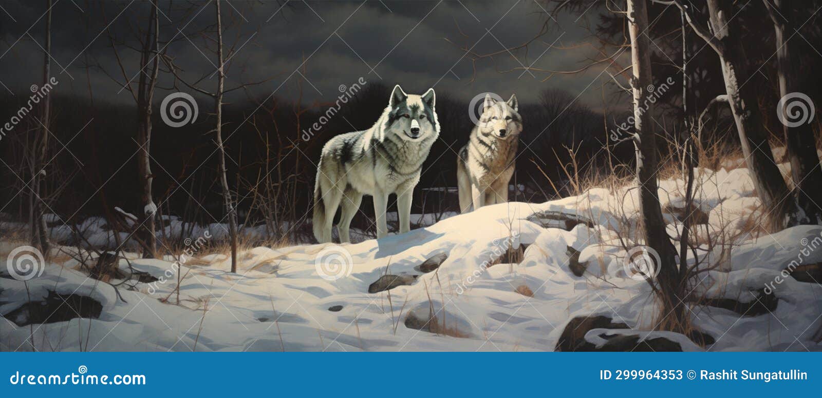 Two Wolves at Night in the Winter Forest Stock Illustration ...