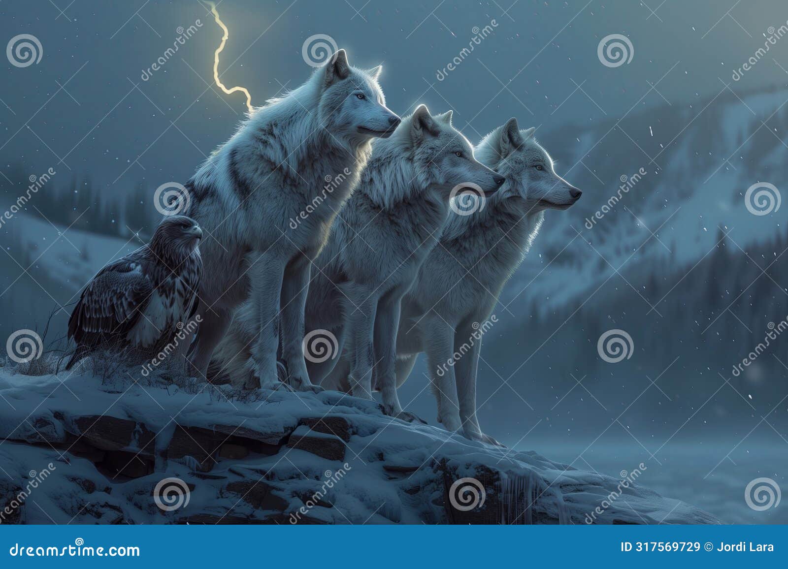 3 Wolves and One Big Eagle Standing on Top of Snowing Mountain Stock ...