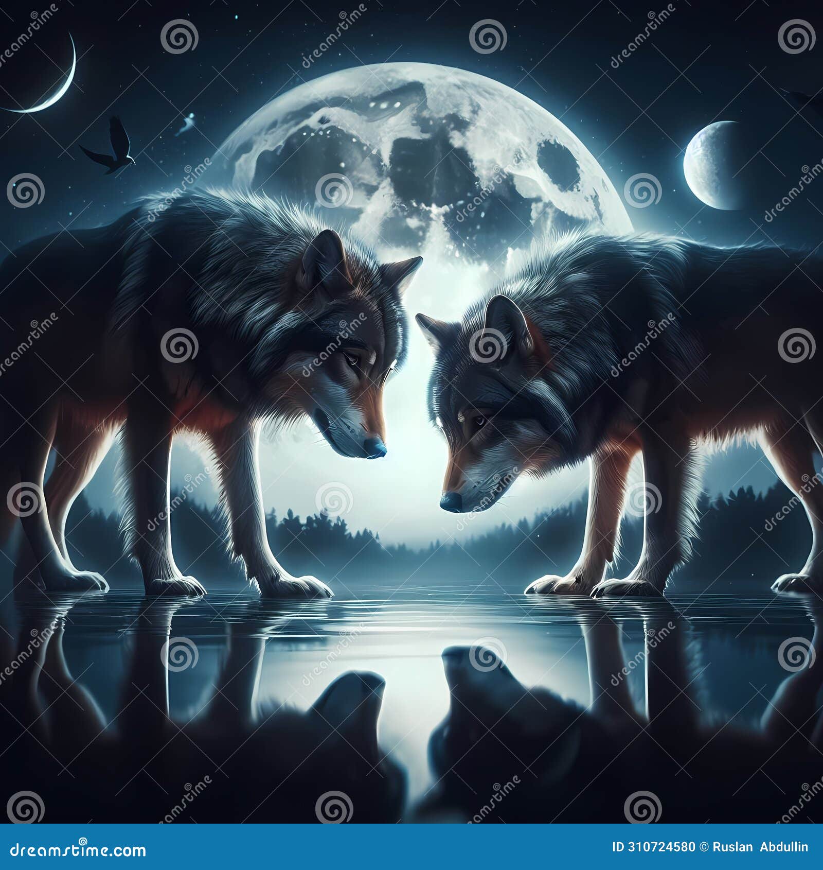 Wolves Under Full Moon Reflection Stock Illustration - Illustration of ...