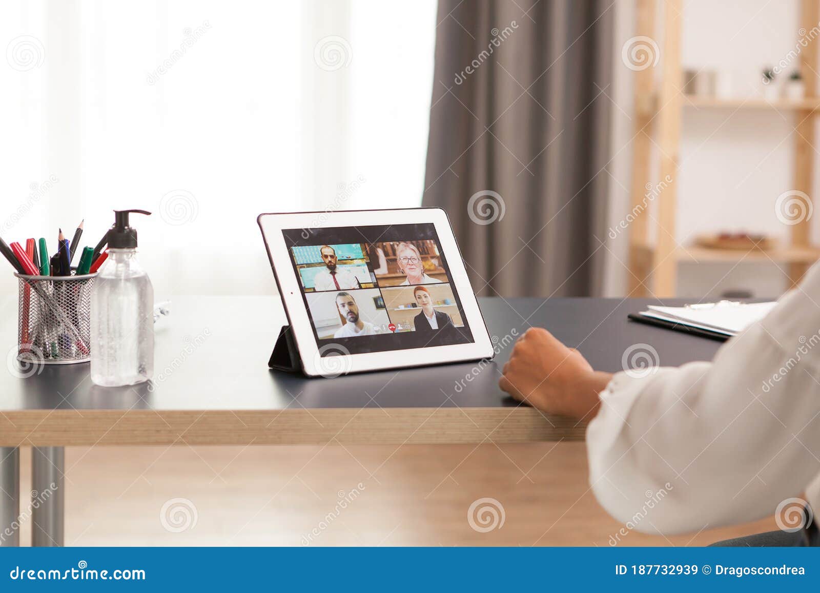 Tablet video call stock image. Image of office, desk - 187732939