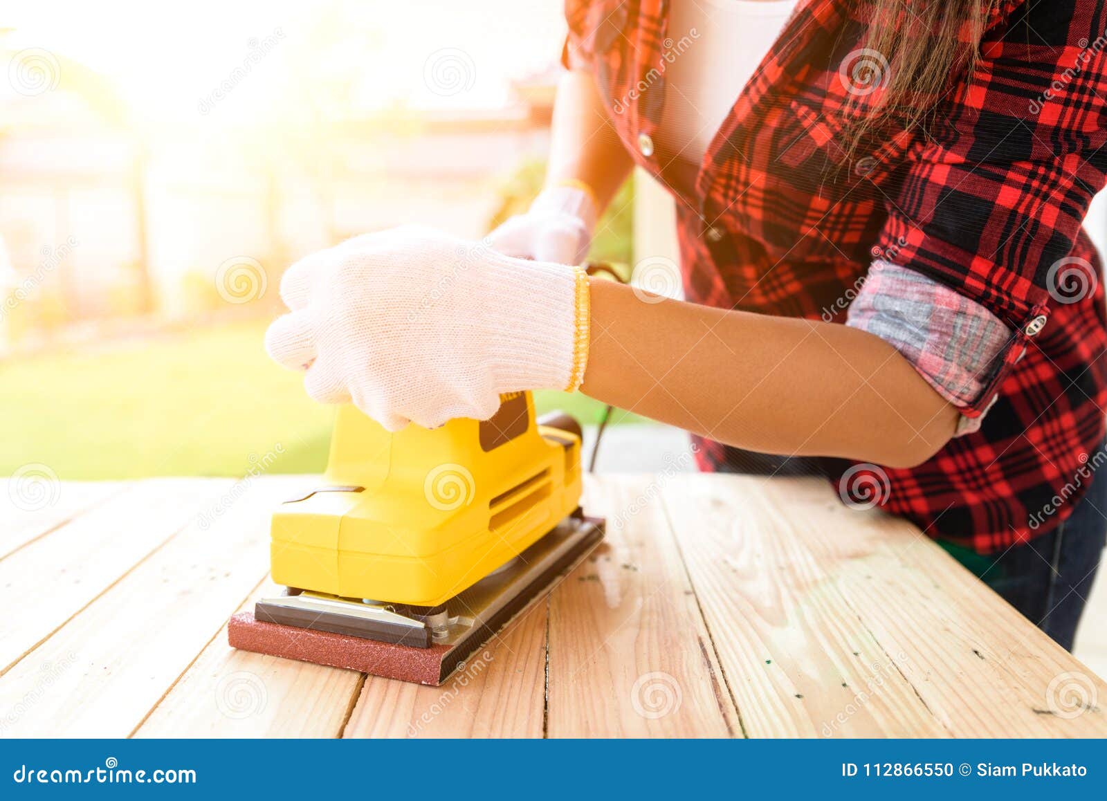 Woman Working with Wood Electrical Sanding Machine Stock Photo - Image ...