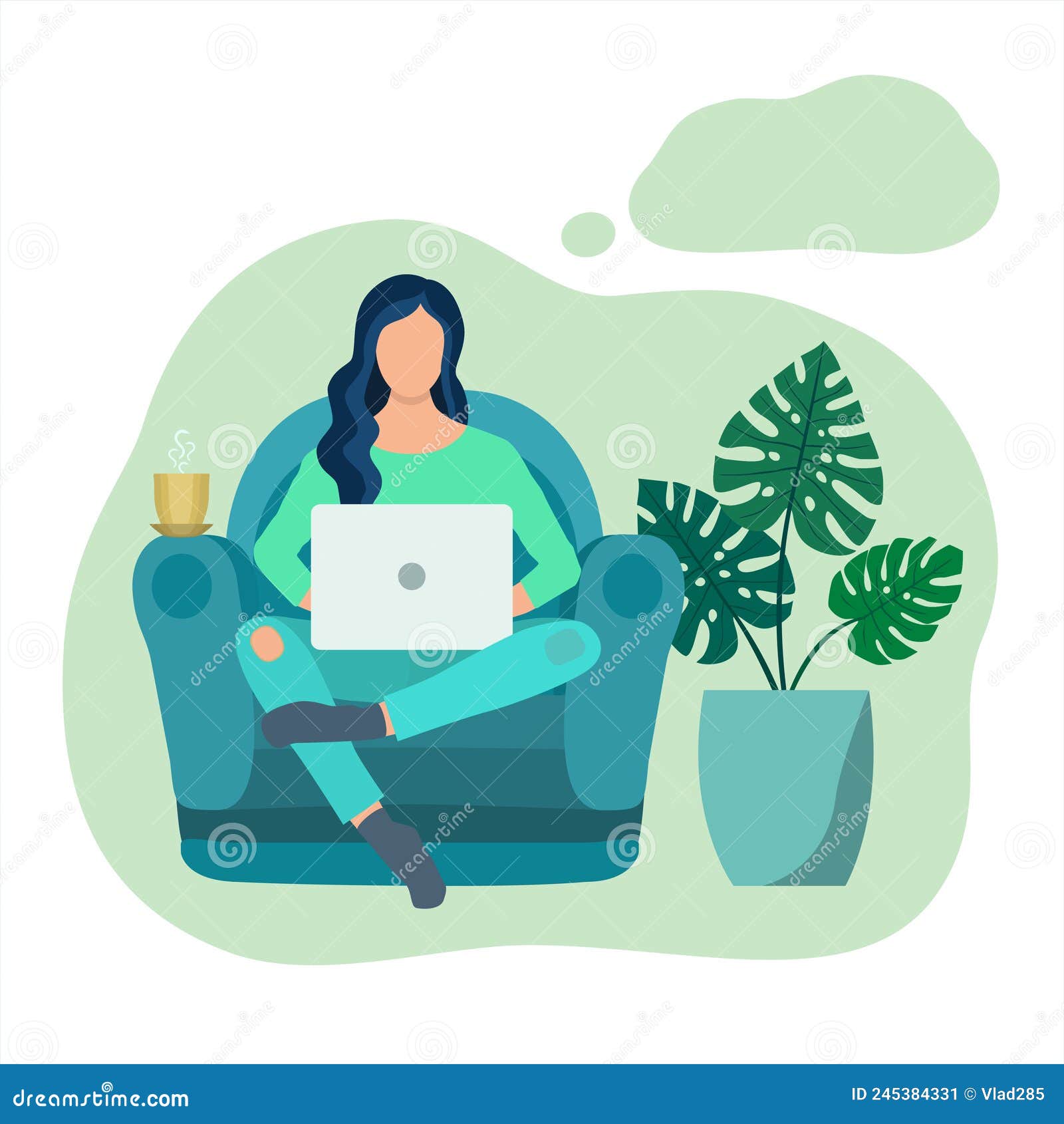Girl Works Sitting at Home. Remote Work, Freelance. Self-isolation ...