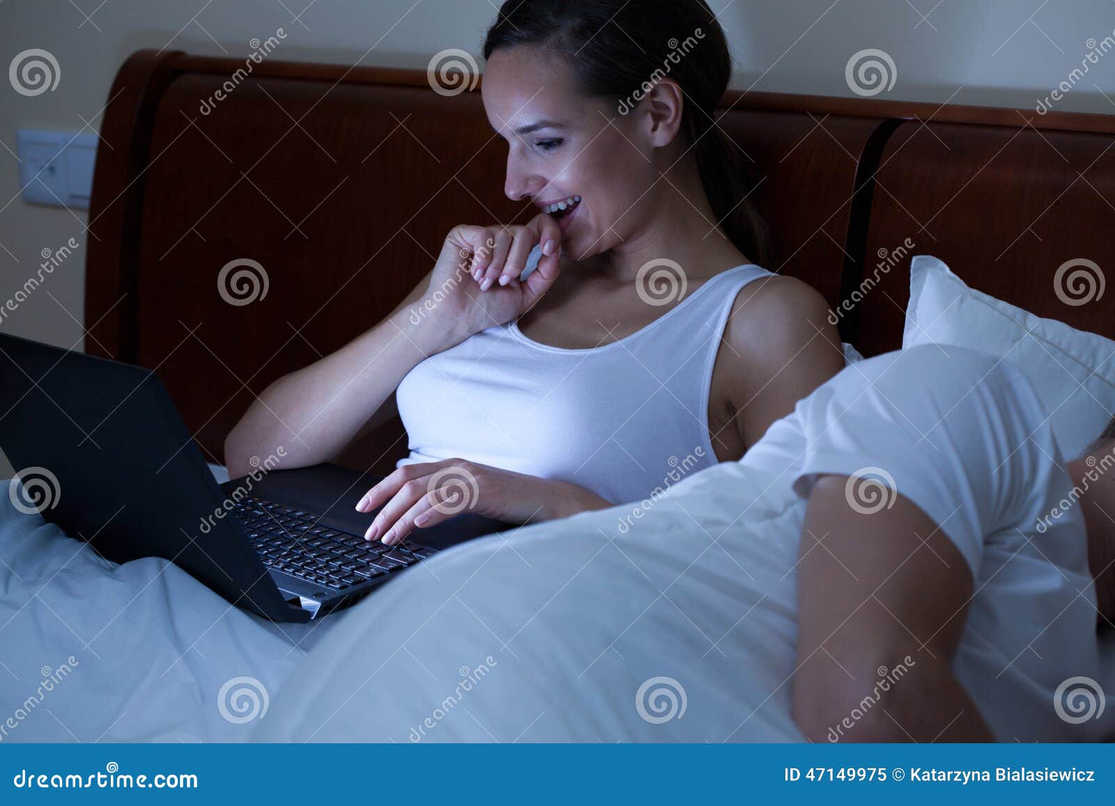 Woman Addicted To Internet at Night Stock Image - Image of bedroom ...
