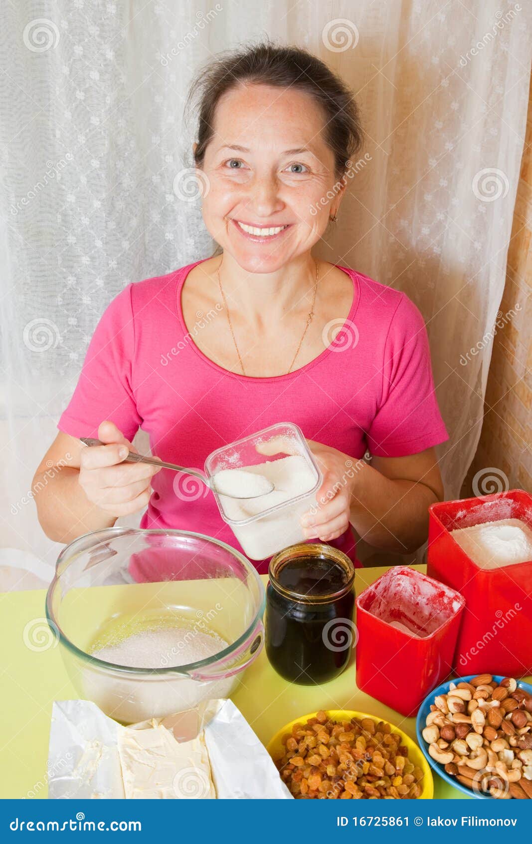 Woman adds sugar into dish stock image. Image of hand - 16725861