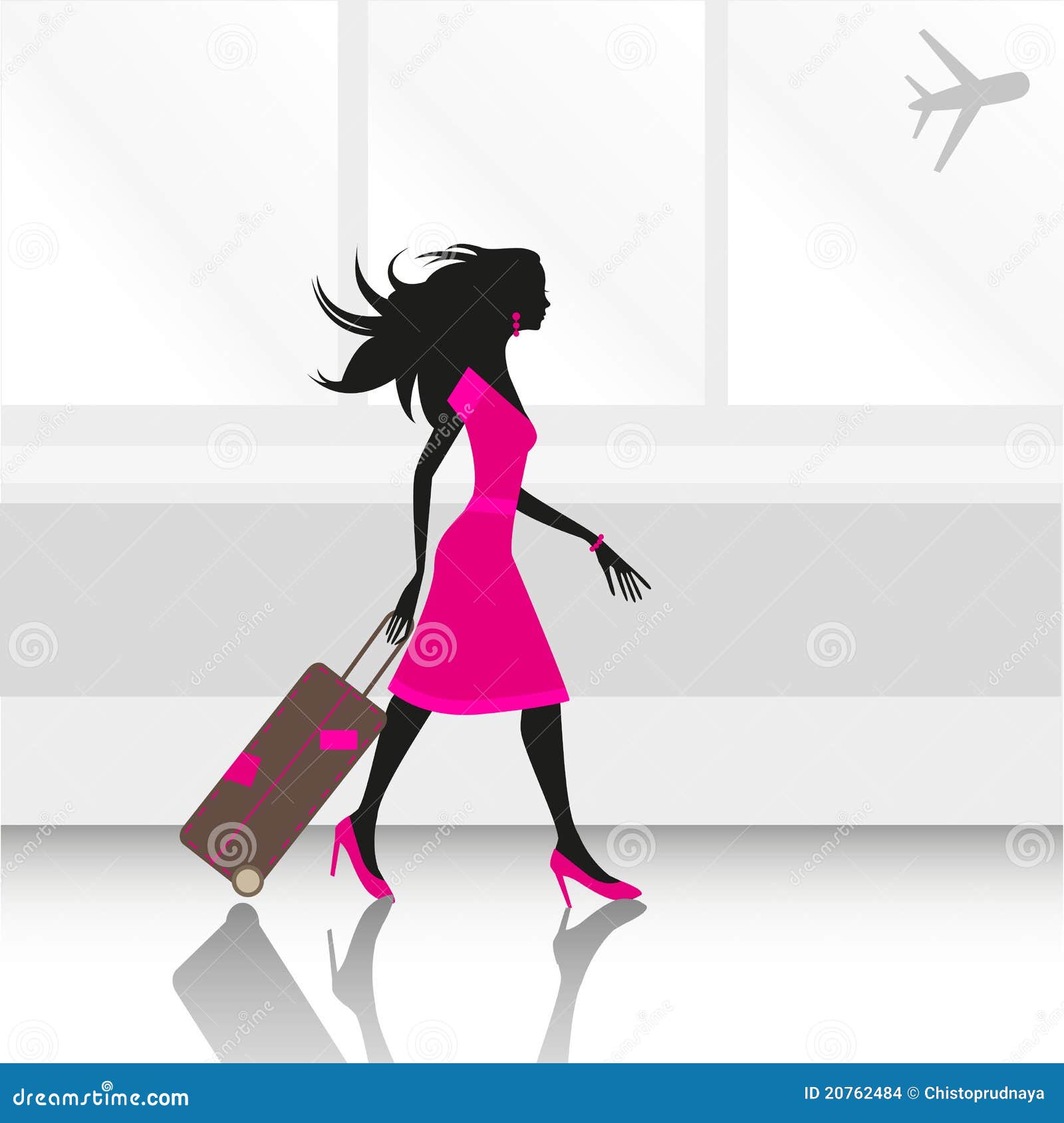 Woman In Airport Going On Vacation. Female With Suitcase Boarding ...
