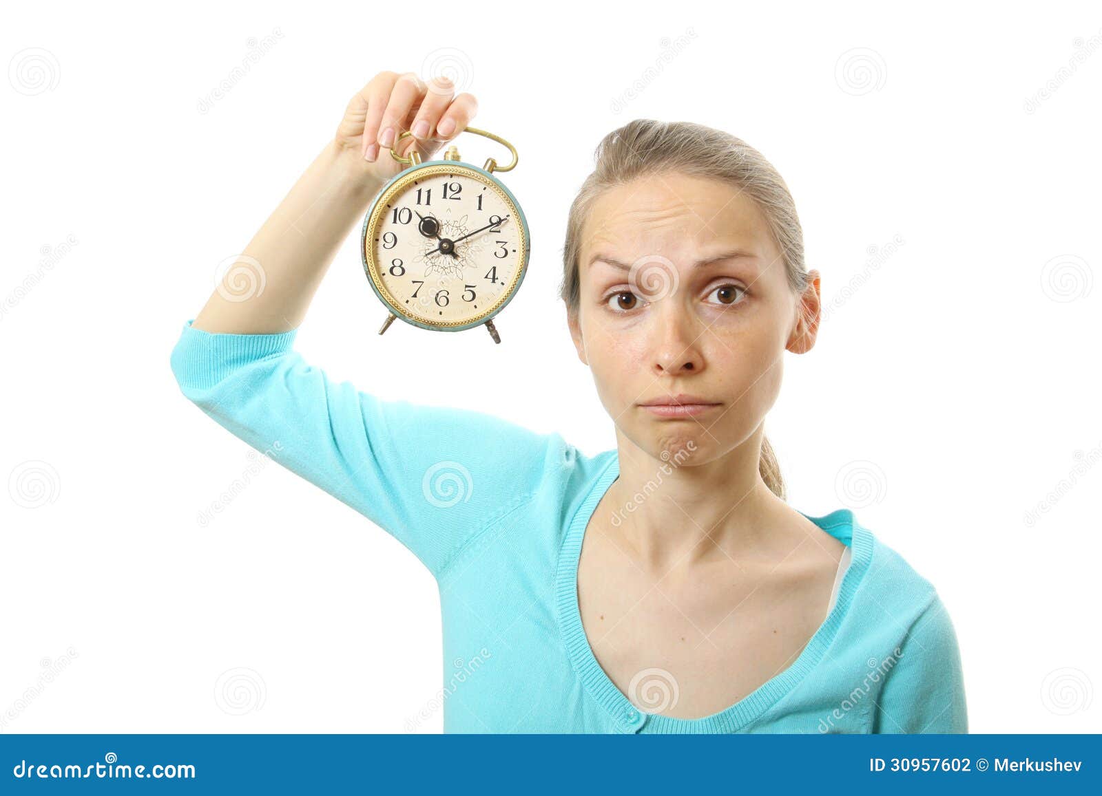 Woman with alarm clock stock photo. Image of clock, expression - 30957602
