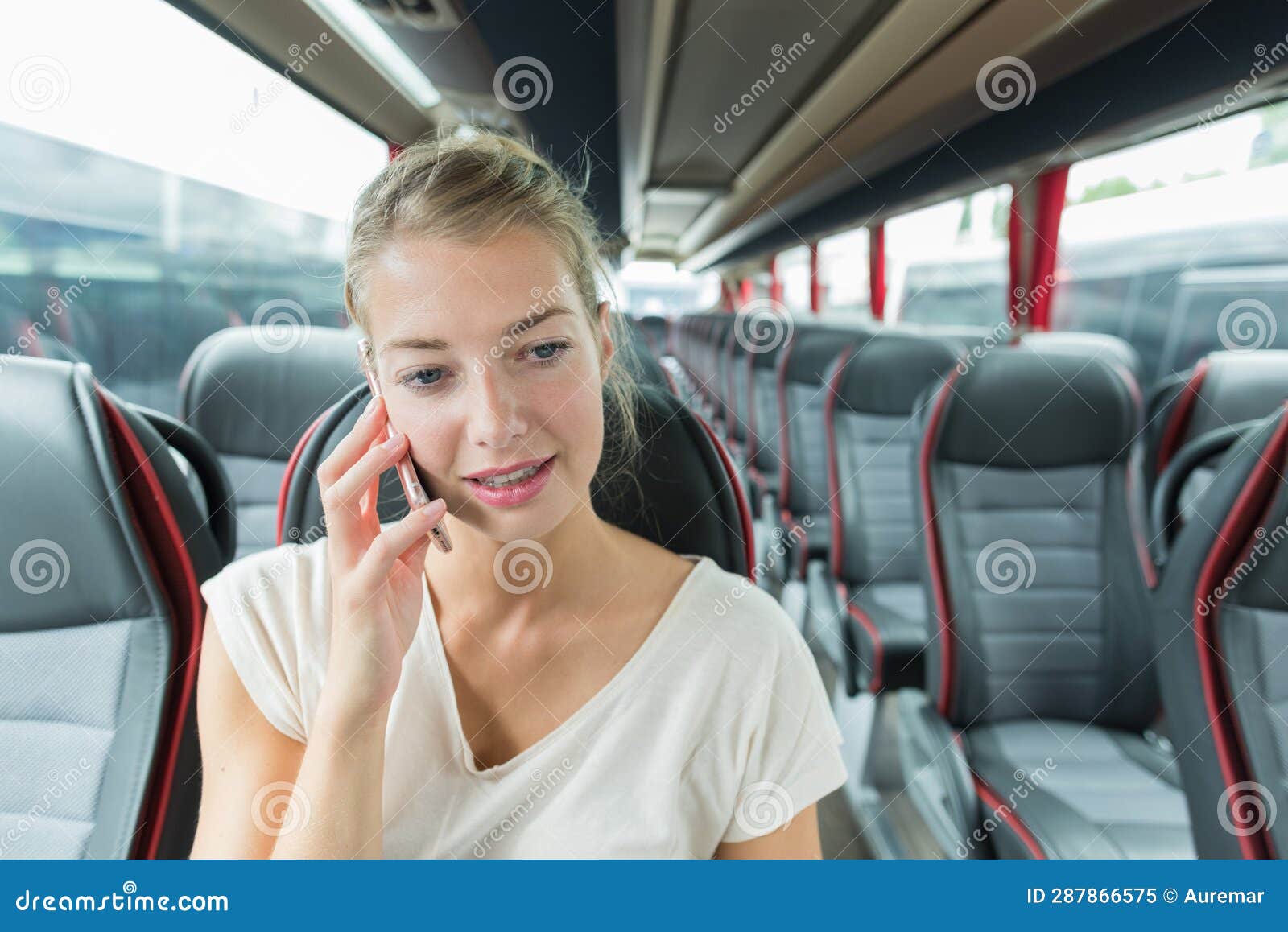 Woman Alone on Bus Using Smartphone Stock Image - Image of technology ...