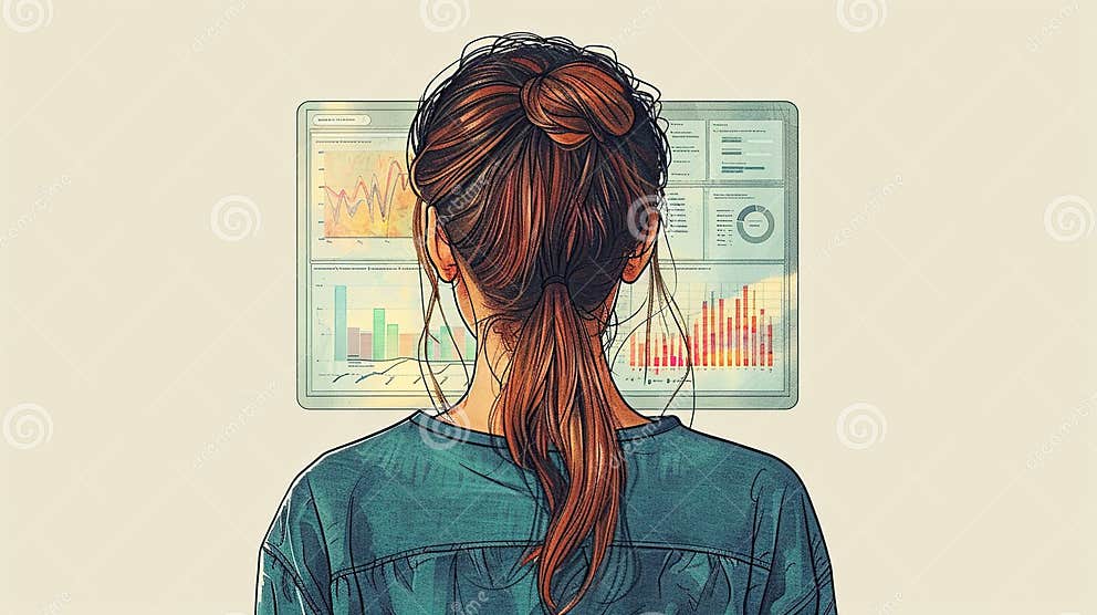Woman Analyzing Data on a Computer Screen Stock Illustration ...