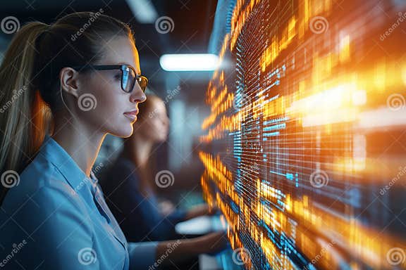 Woman Analyzing Data Visualization on Digital Interface Screen Stock Illustration - Illustration ...