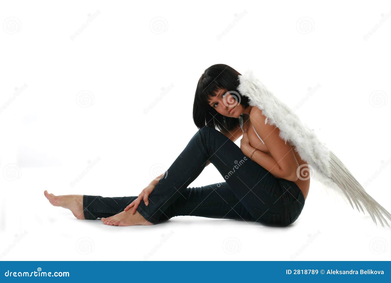 Woman Angel Hold Feathers. Girl Sit In Bird Nest. Faity Tale. Makeup ...