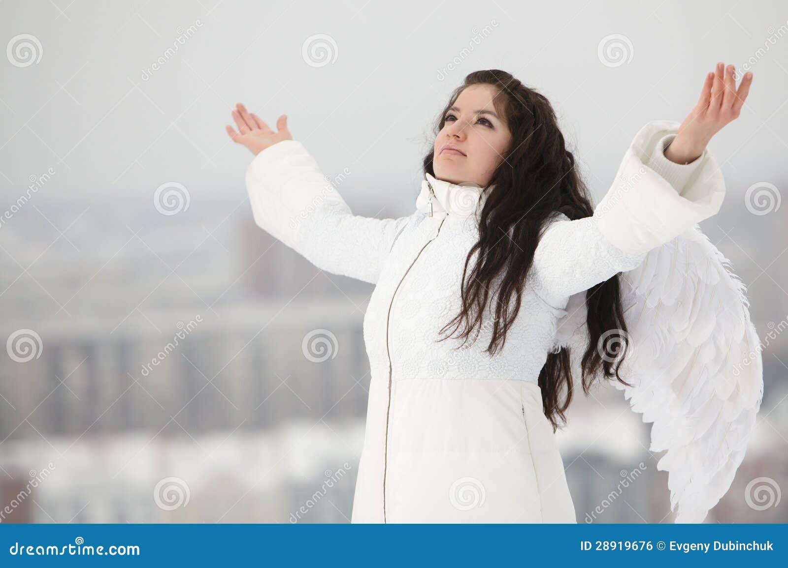 Woman with Angel Wings Looking Up Stock Photo - Image of brunette ...