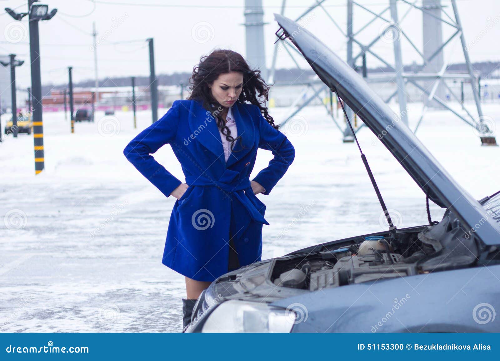 Woman with Anger Looking at the Engine of Her Car a Broken Stock Photo ...