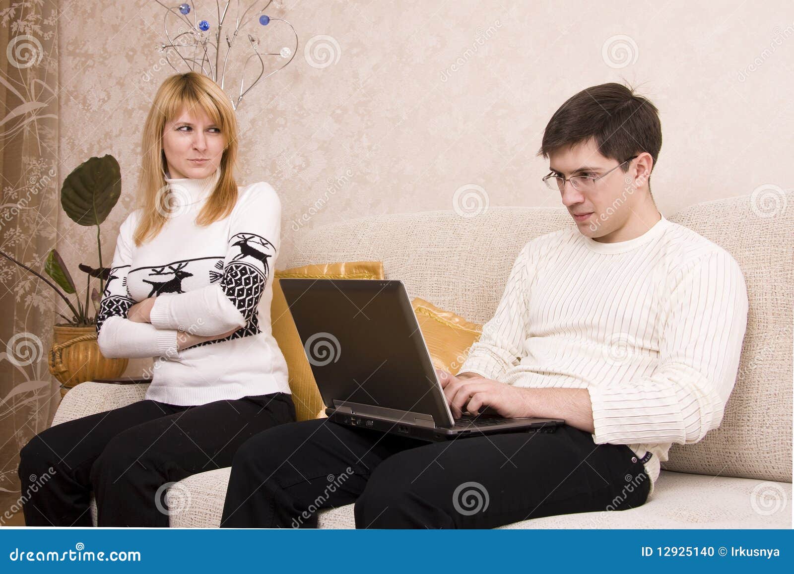 Woman is Angry with Man for Working Laptop. Stock Photo - Image of ...