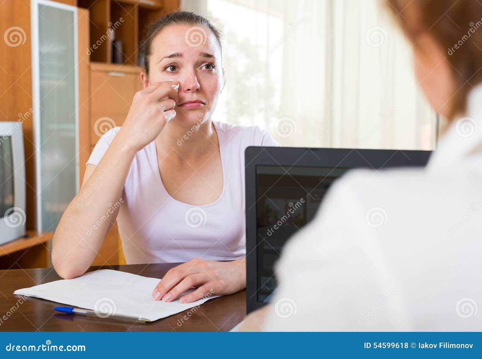 Woman Answer Questions of Worker at Table Stock Photo - Image of ...
