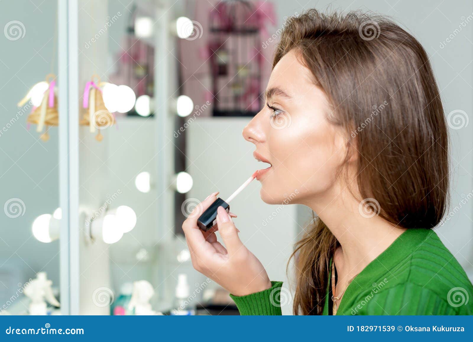 Woman Applies Lipstick On Her Lips Stock Image Image Of Close Adult