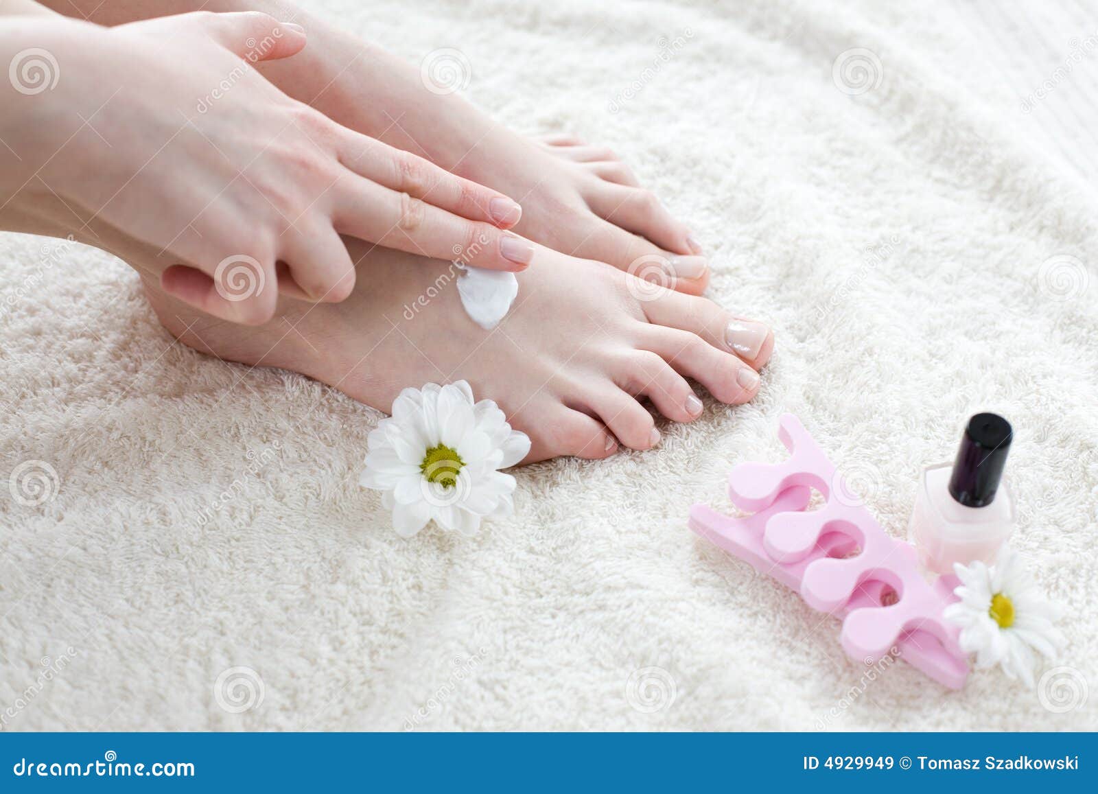 Woman Applying Cream on Her Feet Stock Image - Image of daisy, cream ...
