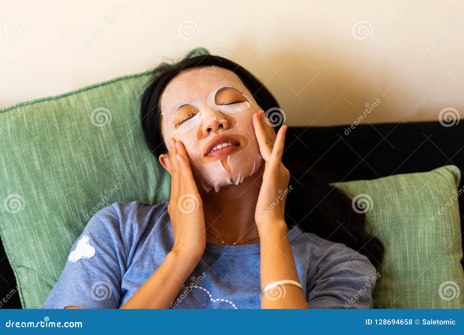 Woman Applying Face Mask at Home Stock Photo - Image of asia, korean ...
