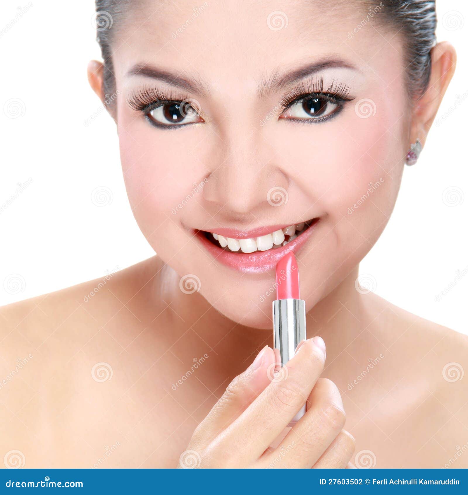 Woman applying lipstick stock photo. Image of lips, happy - 27603502