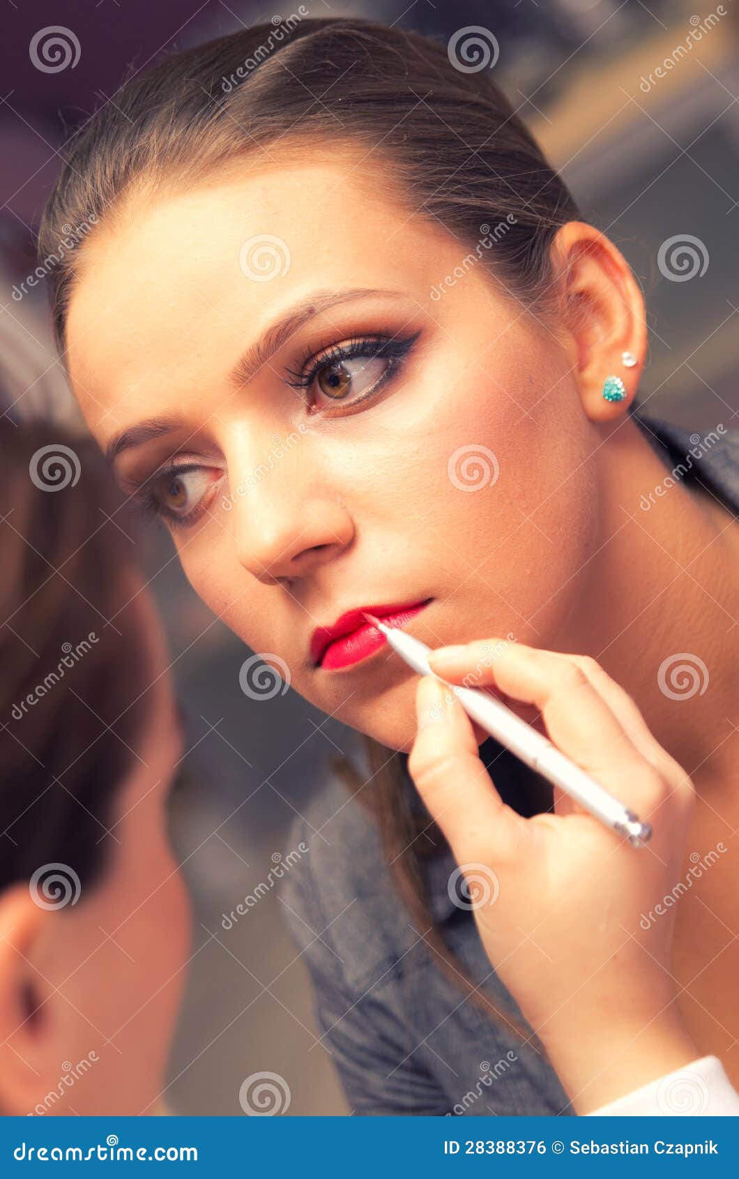 Woman applying lipstick stock photo. Image of model, people - 28388376