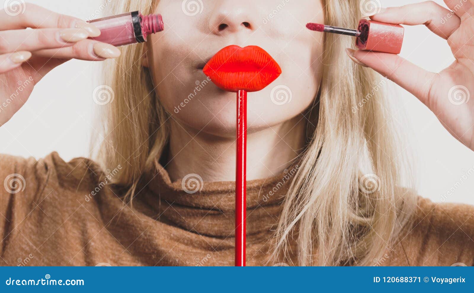 Woman Applying Lipstick Or Lip Gloss Stock Image Image Of Apply Balm