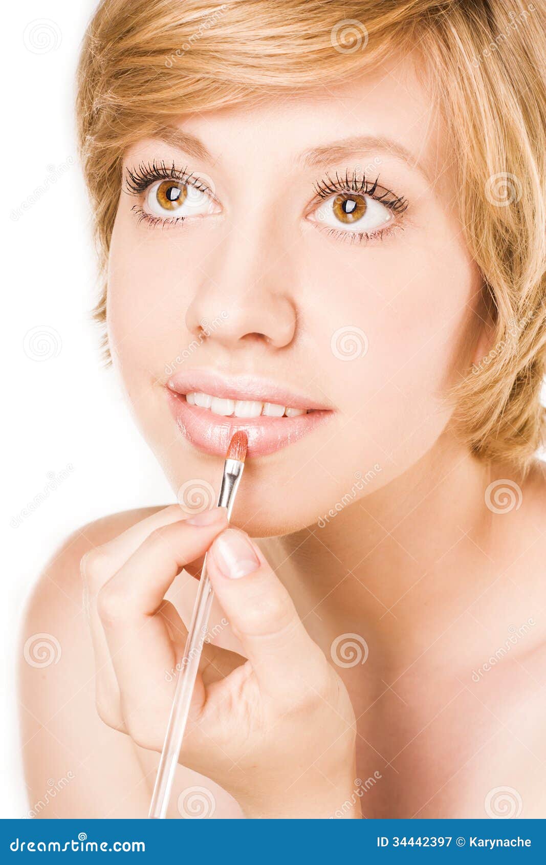 Woman Applying Makeup on Lips by Brush Stock Image - Image of isolated ...