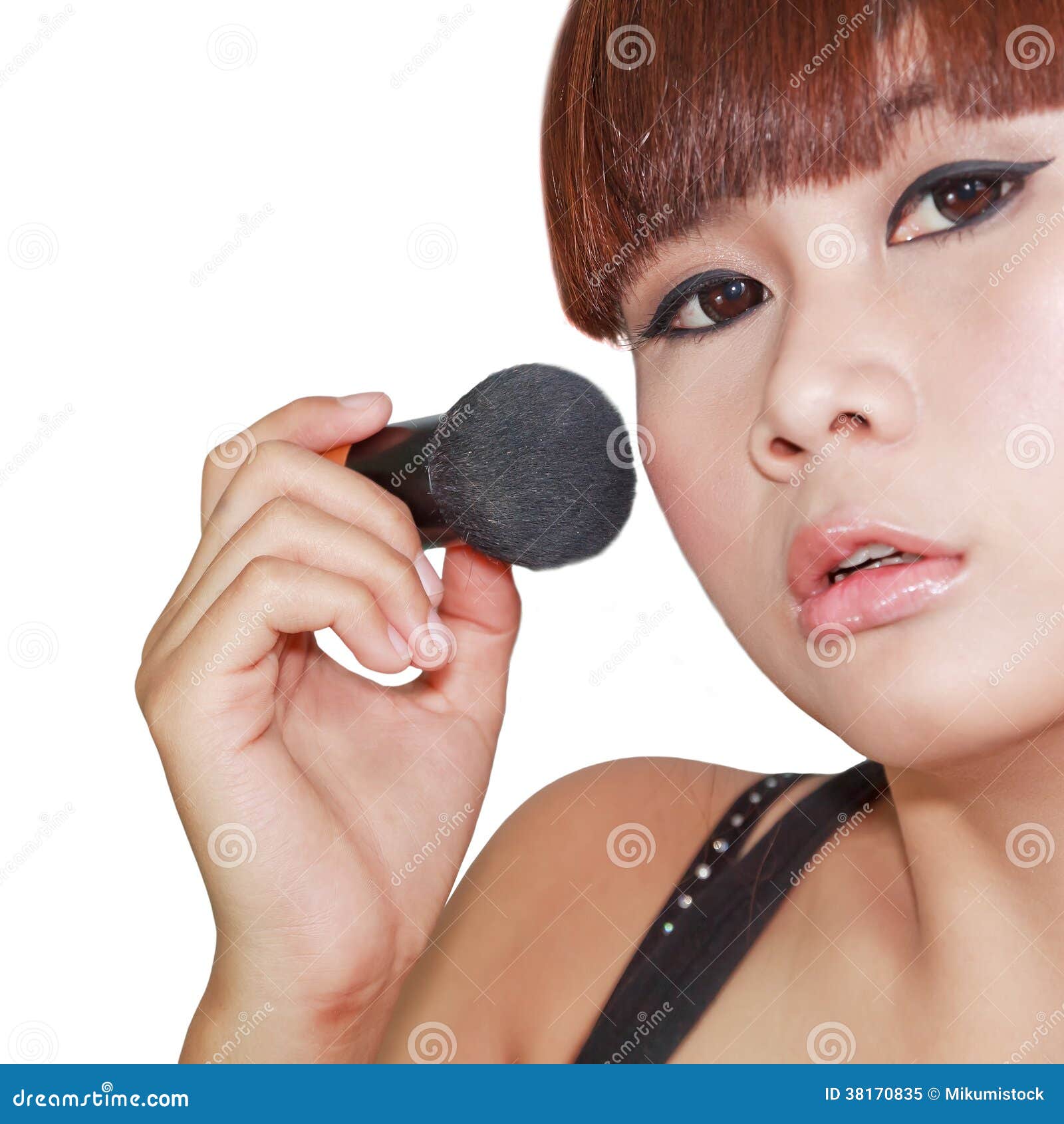 Woman Applying Powder on Cheek with Brush Stock Image - Image of asia ...