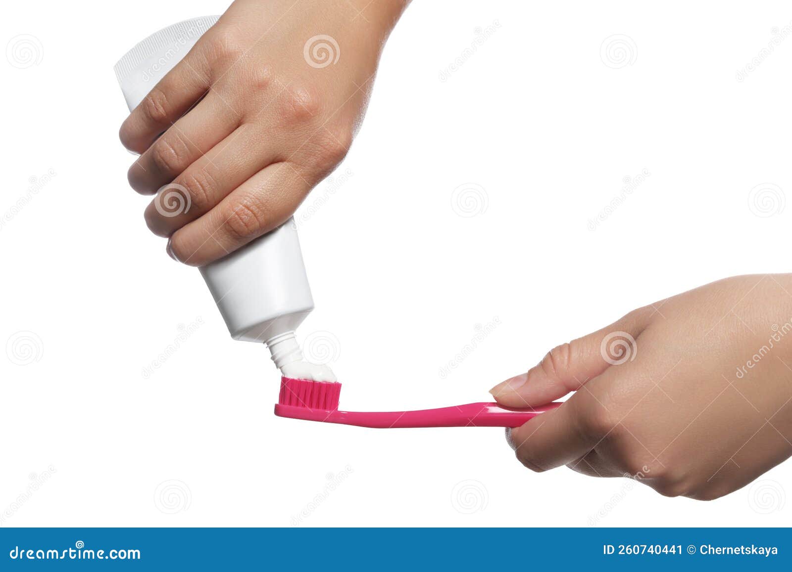Woman Applying Toothpaste on Brush Against White Background, Closeup ...