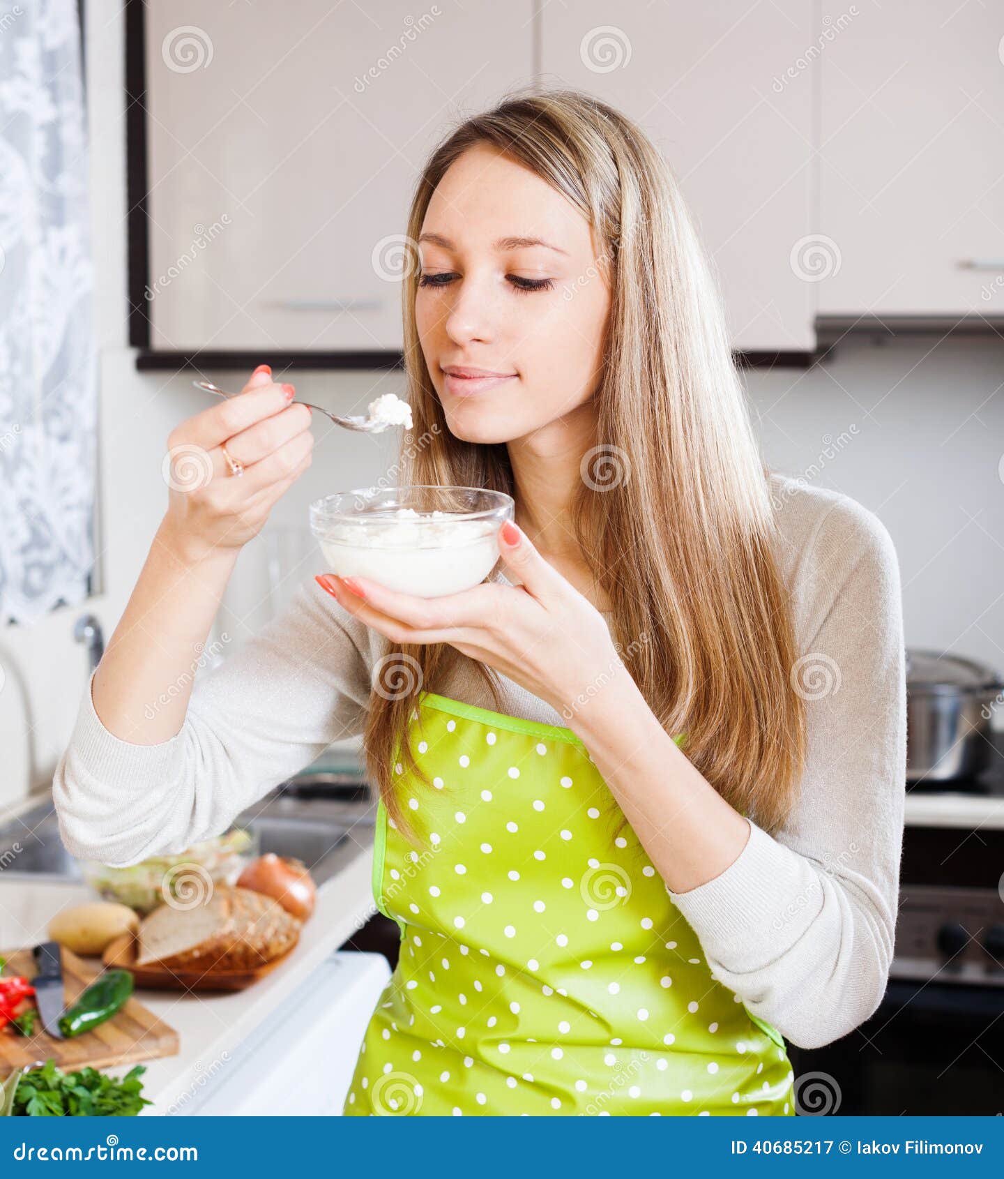 Woman in Apron Eating Curd Cheese Stock Image - Image of healthy, adult ...