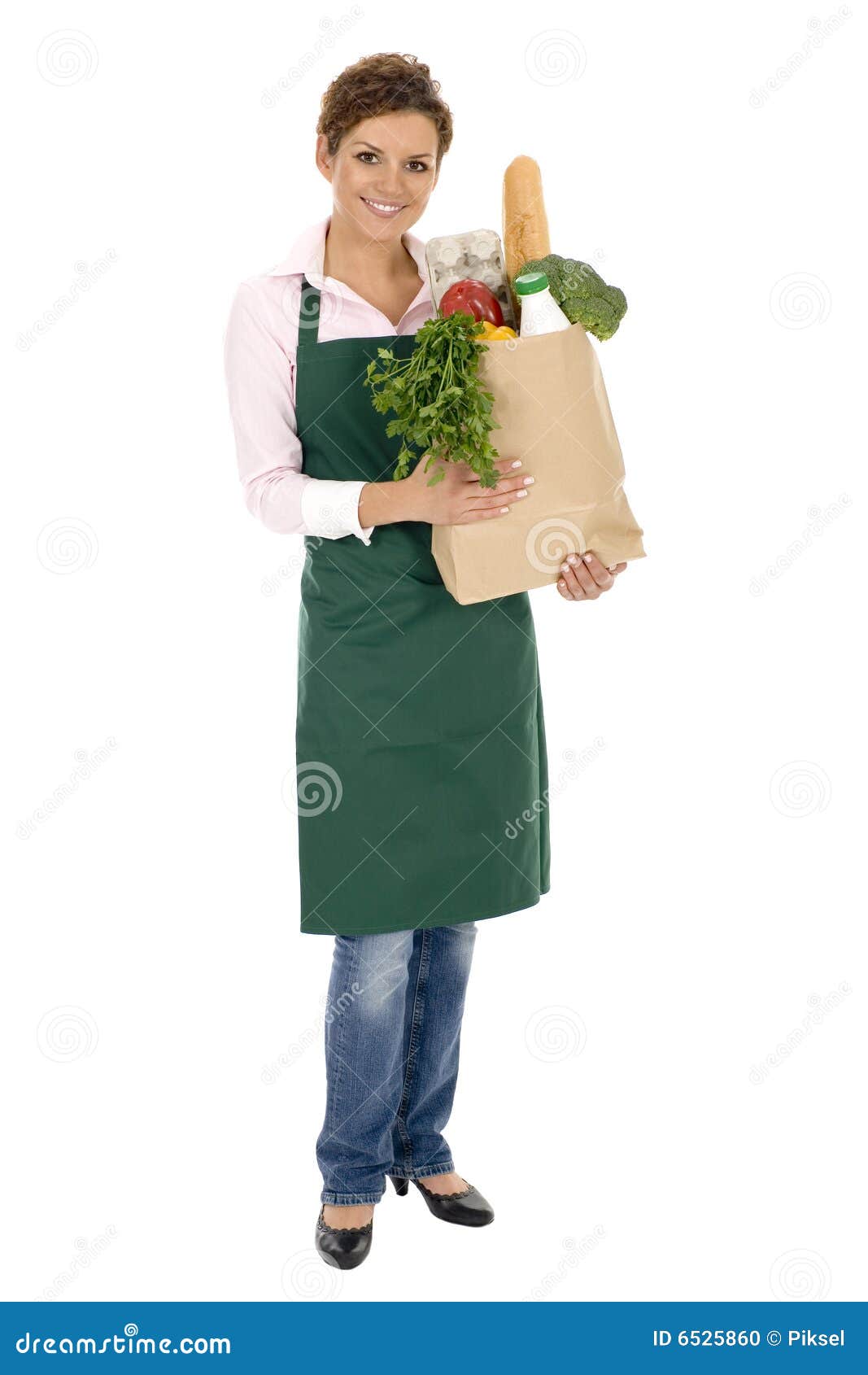 Woman in Apron Holding Grocery Bag Stock Photo - Image of happiness ... Woman in Apron Holding Grocery Bag Stock Photo - Image of happiness ...