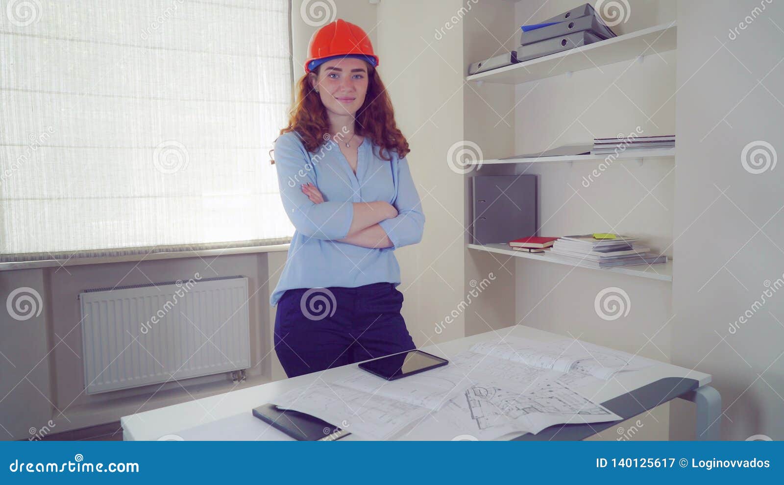 Woman Architect with Blueprint Architectural Plan. Stock Image - Image ...