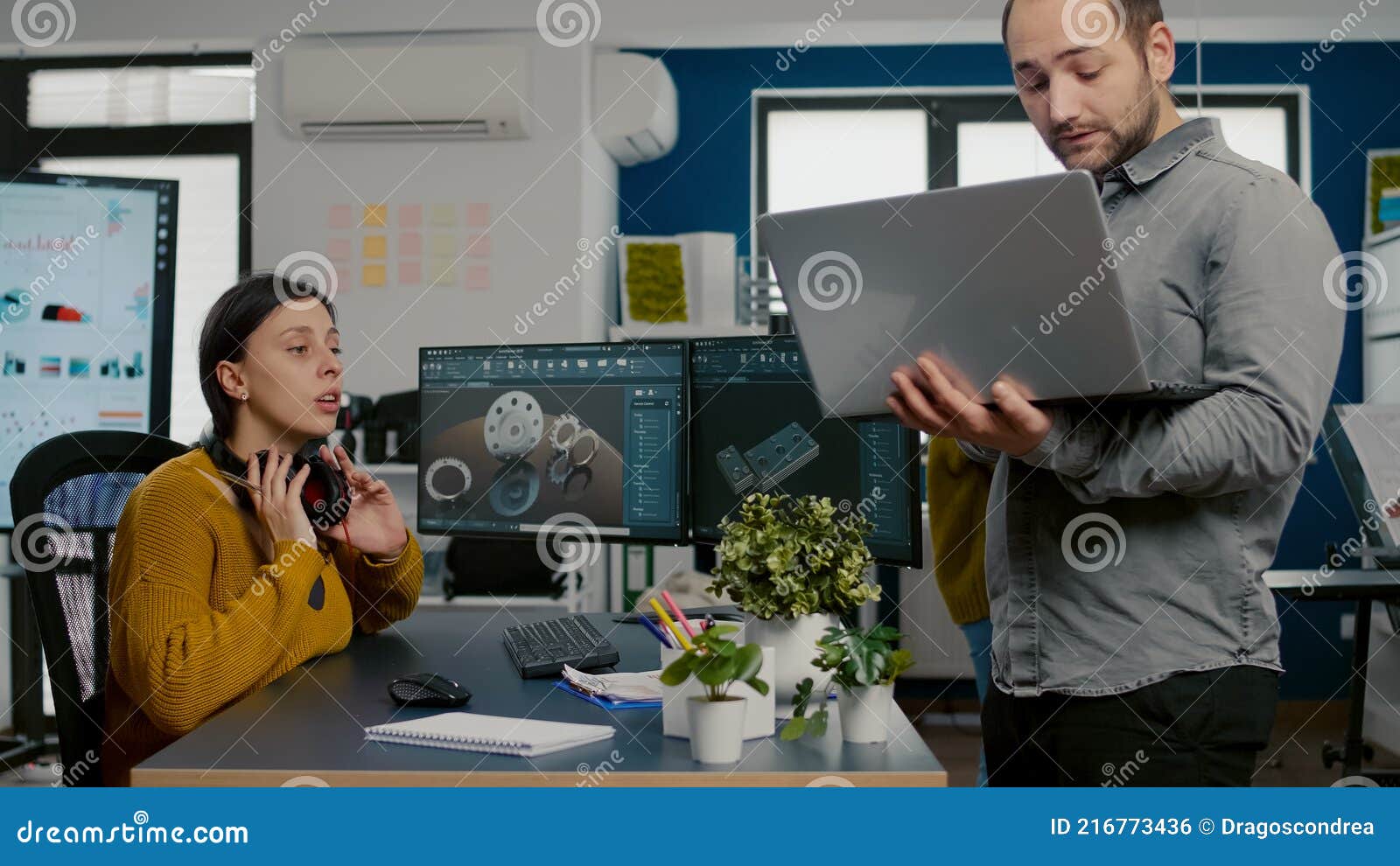 Woman Architect Engineer Taking Off Headset Talking with Project ...