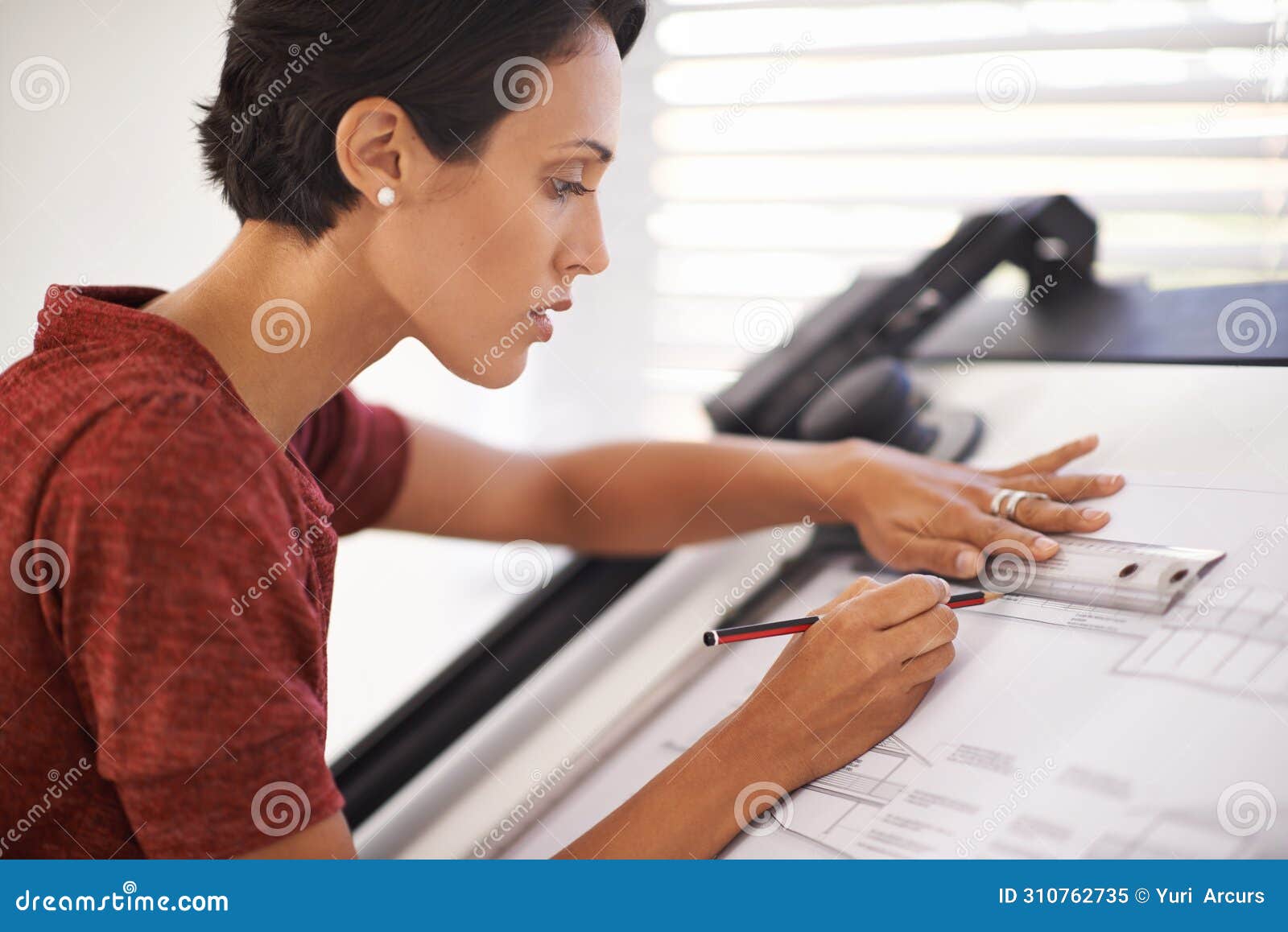 Woman, Architecture with Drawing and Floor Plan for Construction ...