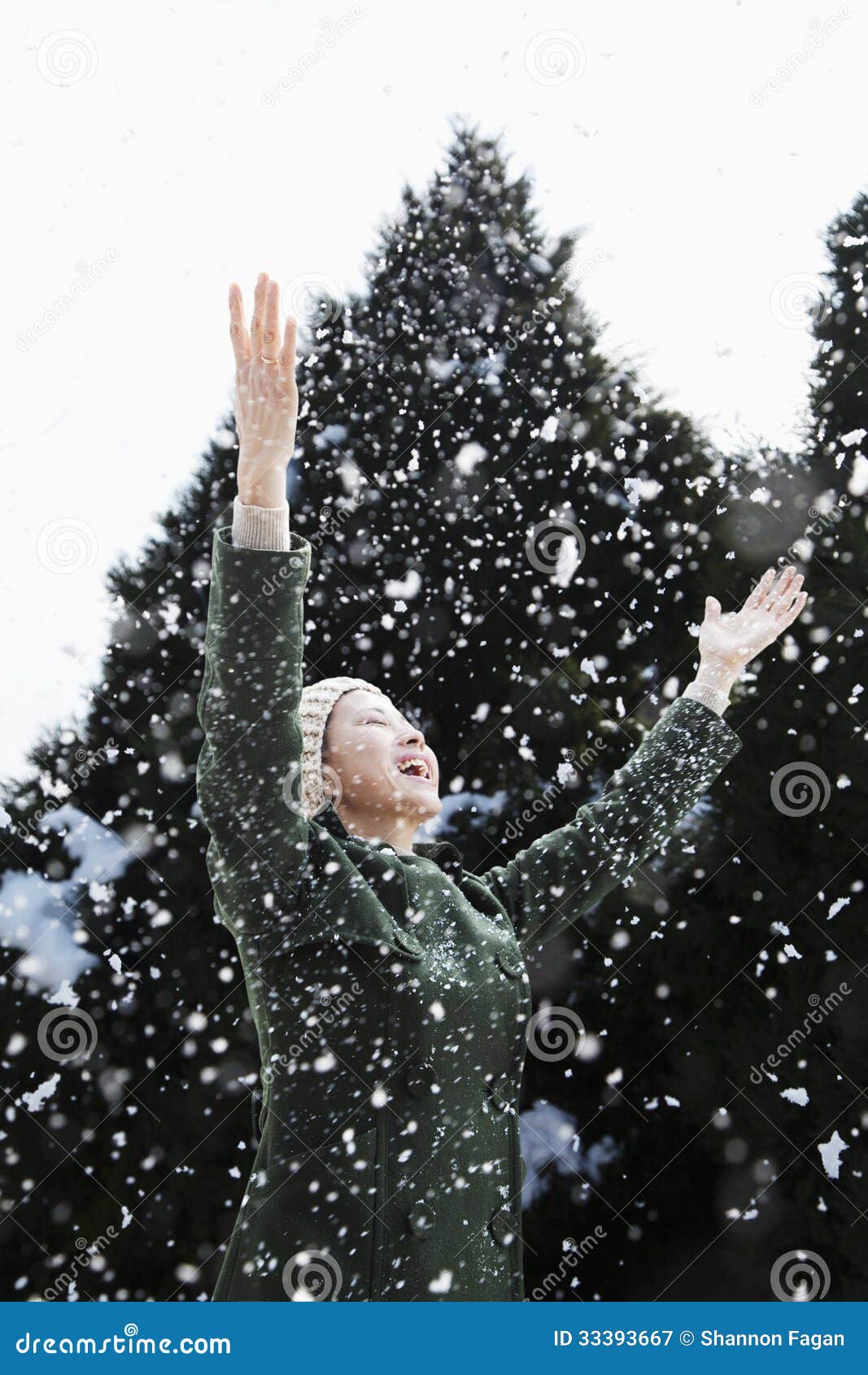Woman with Arms Outstretched Feeling the Snow Stock Image - Image of ...