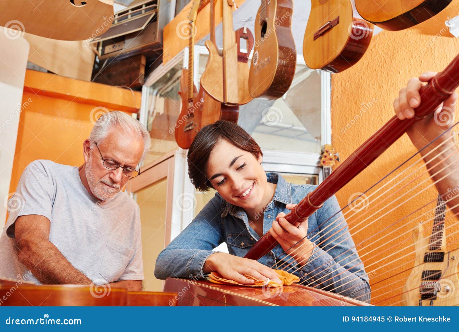 Woman As Luthier Repairs Harp Stock Image - Image of blue, care: 94184945
