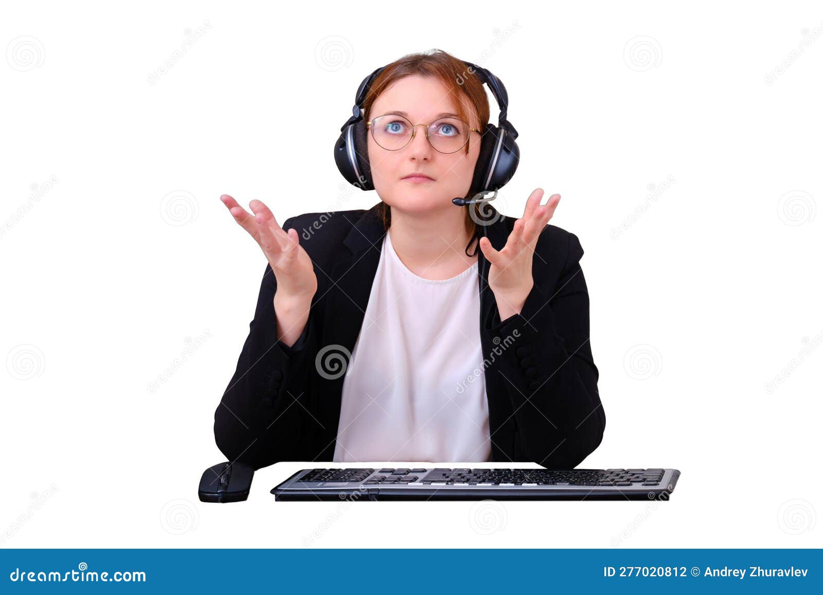 A Woman Asks for Help from Above while Working Online, Isolated on a ...