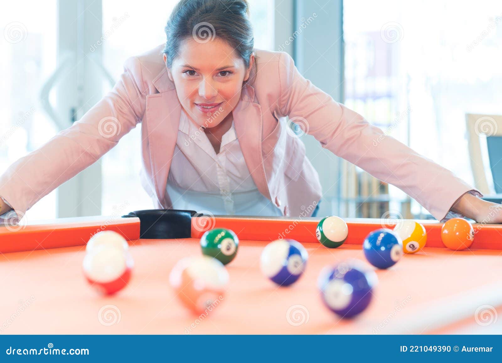 Woman Assessing Position Balls on Pool Table Stock Photo - Image of ...