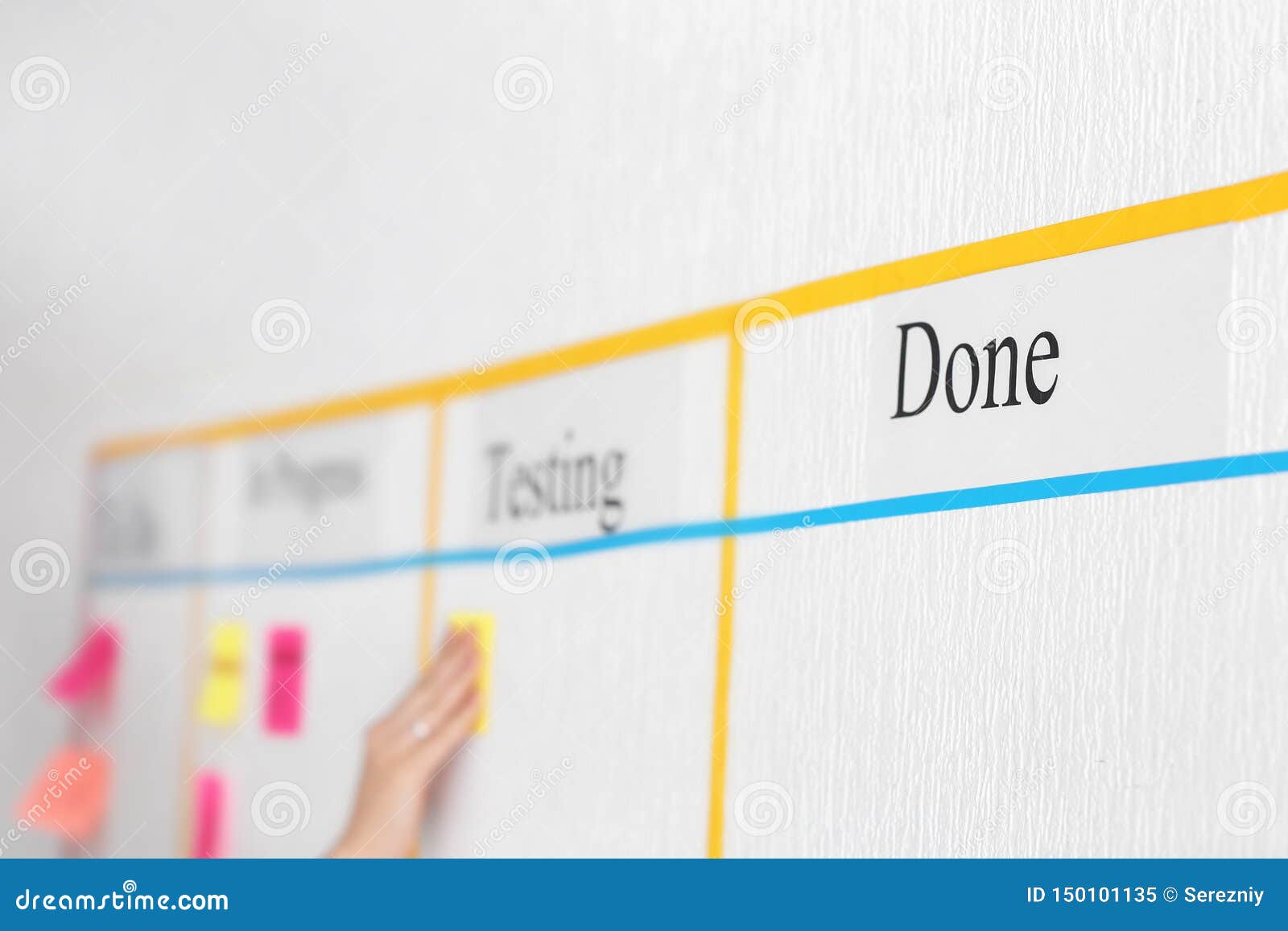 Woman Attaching Sticky Note To Scrum Task Board in Office Stock Image ...