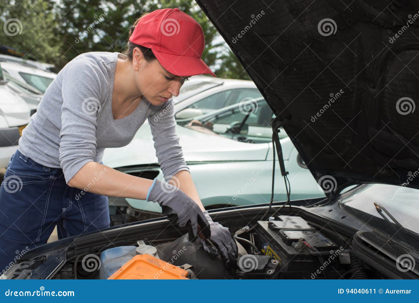 Woman Auto Mechanic Fixing Engine Car Outdoors Stock Image - Image of ...