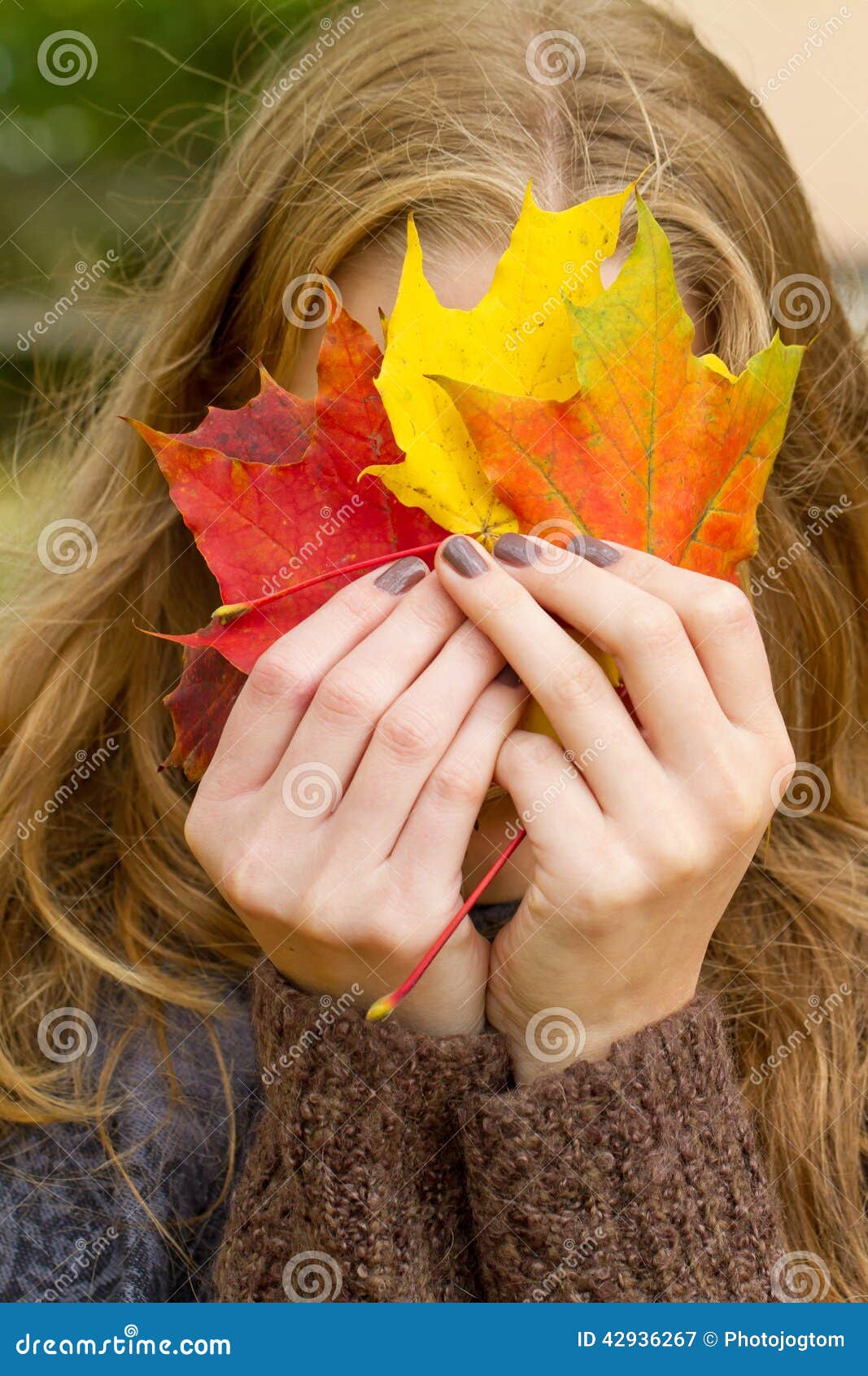 Woman with autumn leaf stock image. Image of colorful - 42936267